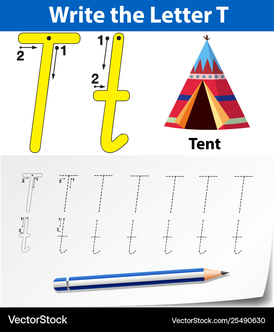Letter t tracing alphabet worksheets Royalty Free Vector