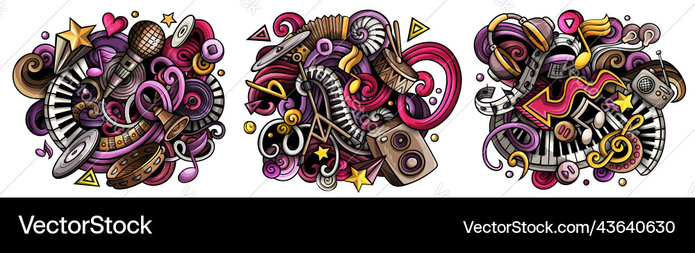 Music cartoon doodle designs set Royalty Free Vector Image