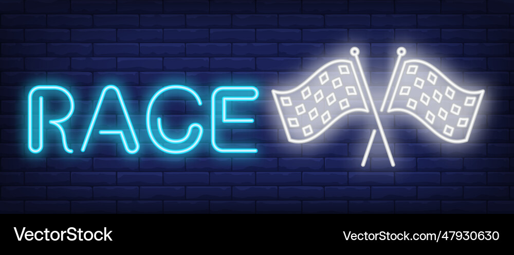 Race neon sign starting flags on brick background Vector Image