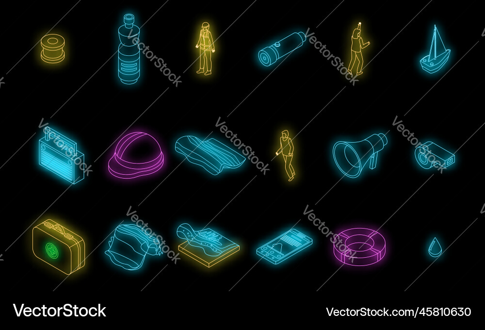 Tsunami icons set neon Royalty Free Vector Image