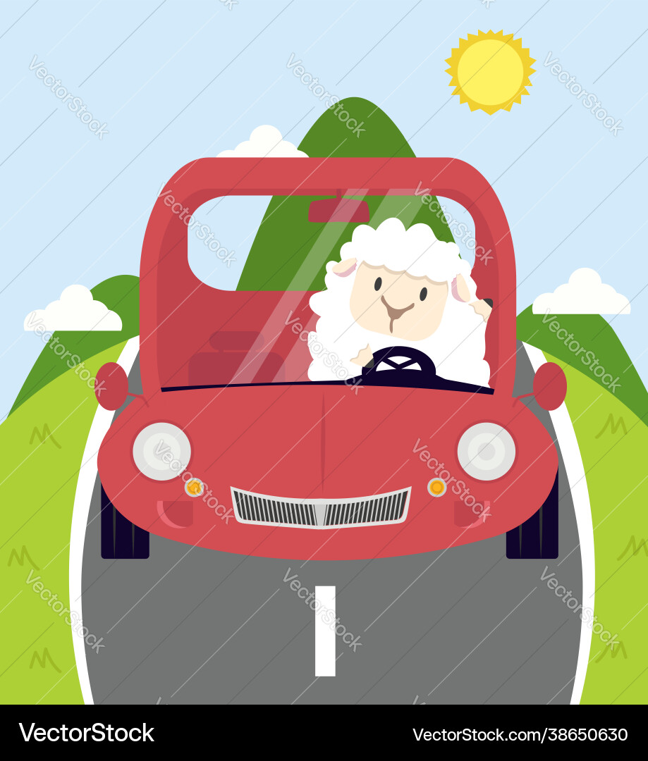 White little sheep driving car background Vector Image