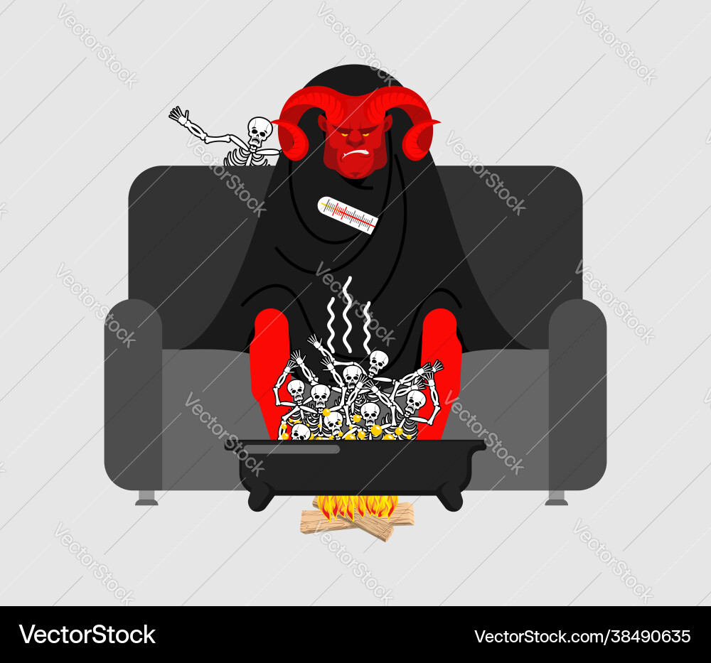 Devil sick sitting in armchair wrapped in blanket Vector Image