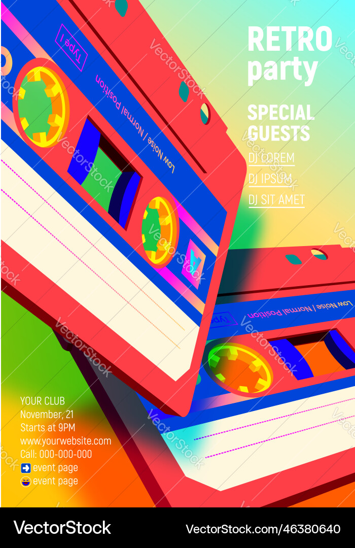 Compact cassette poster with vibrant retro 80s Vector Image