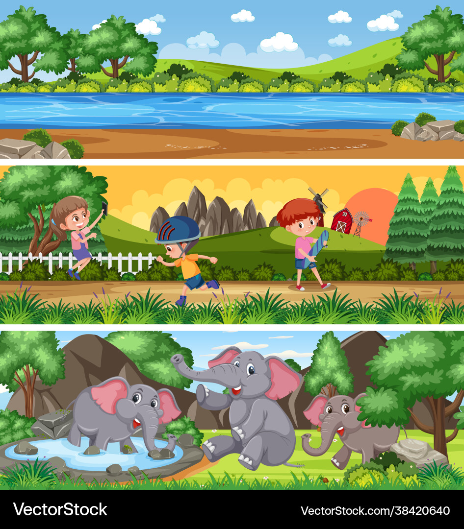 Different nature landscape scene set with cartoon Vector Image