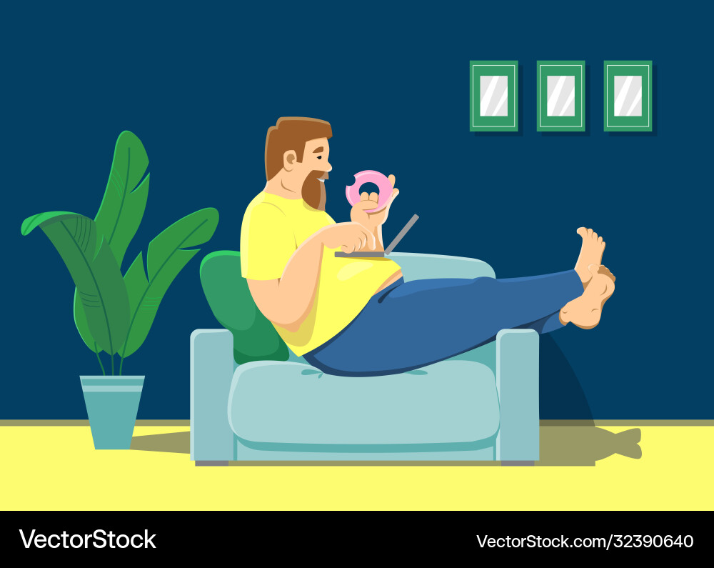 Fat man sitting on a sofa with laptop his Vector Image