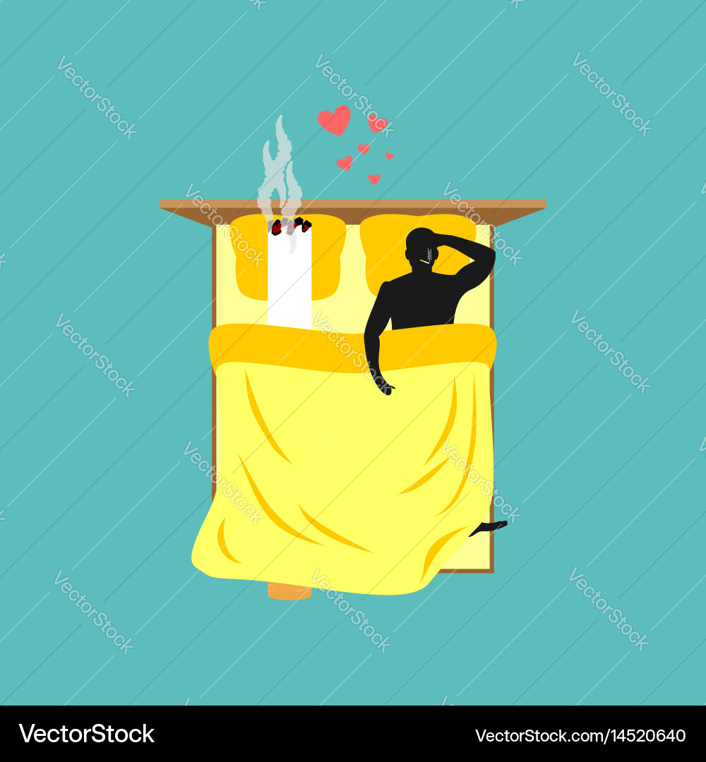 Lover smoke man and cigarette in bed Royalty Free Vector