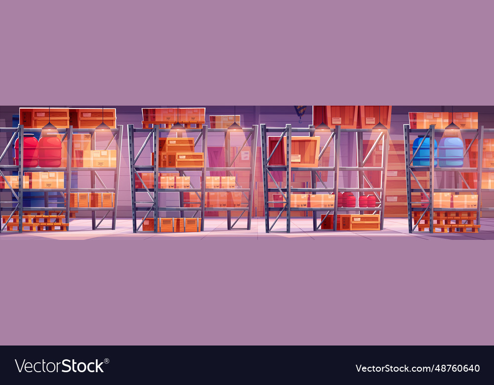 Warehouse interior with boxes on shelves Vector Image