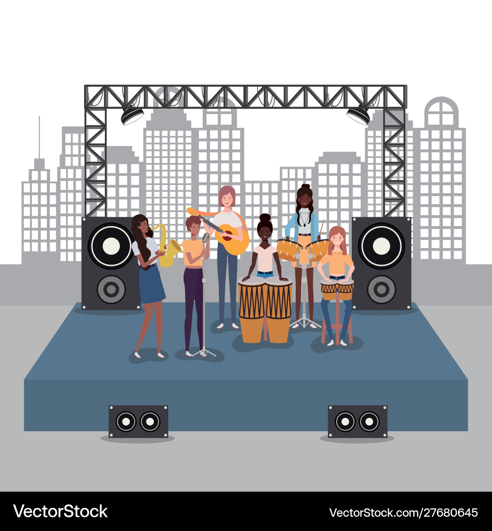 Group women music band playing instruments Vector Image