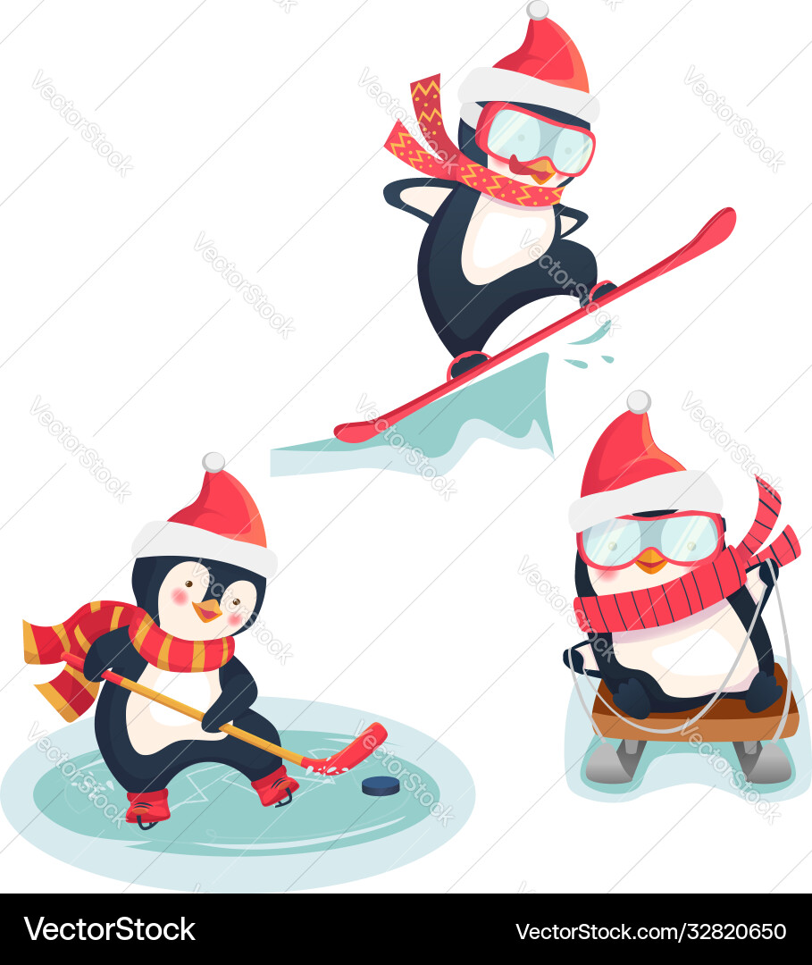 Active penguins in winter concept Royalty Free Vector Image