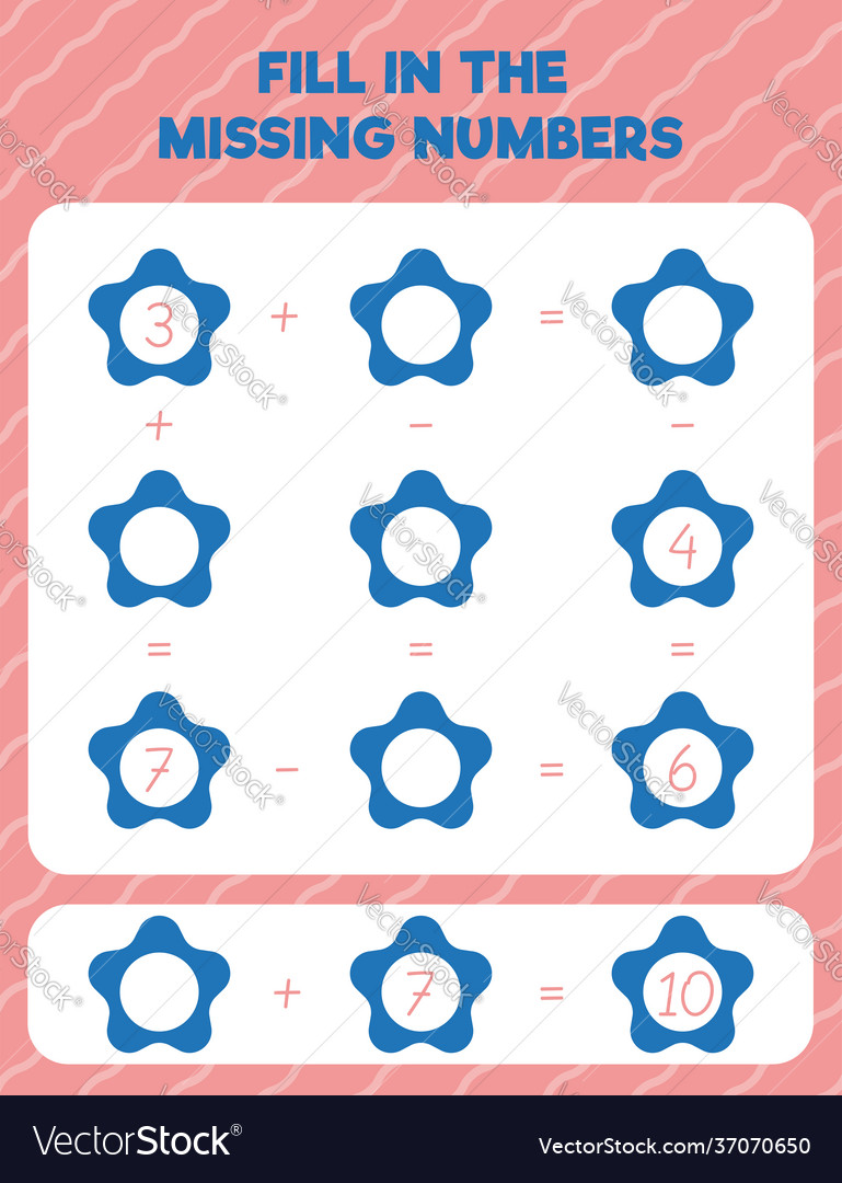 Fill in missing numbers printable maths Royalty Free Vector