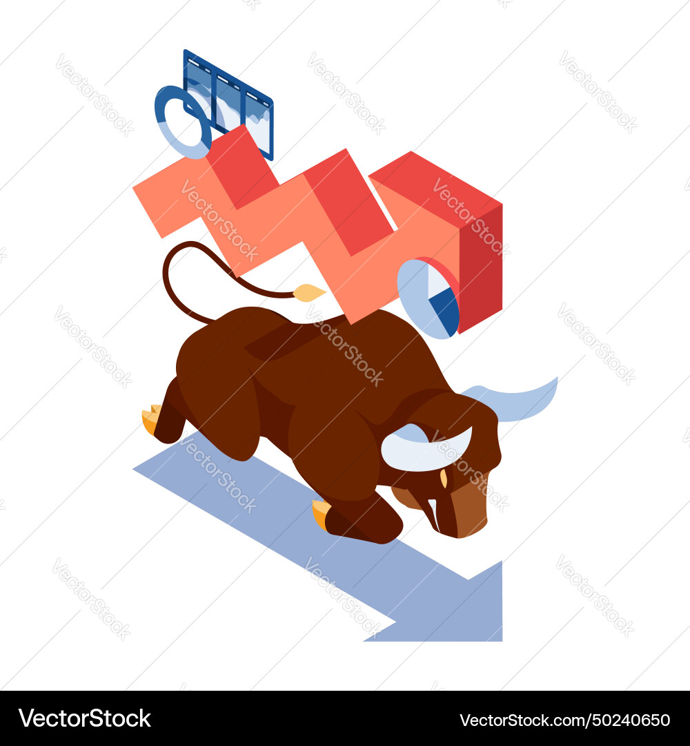 Isometric skittish bull with growth graph Vector Image