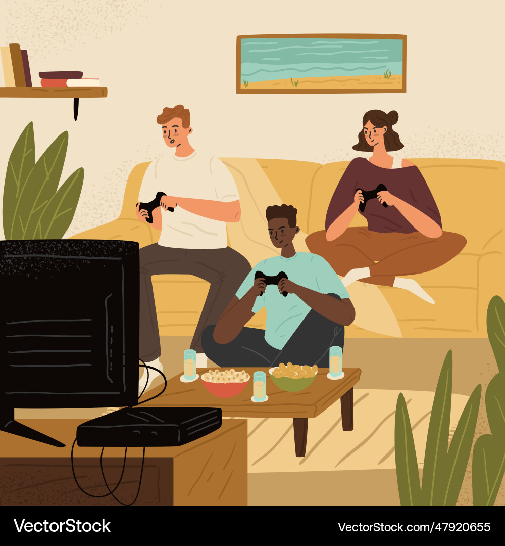 Friends playing video game at home Royalty Free Vector Image