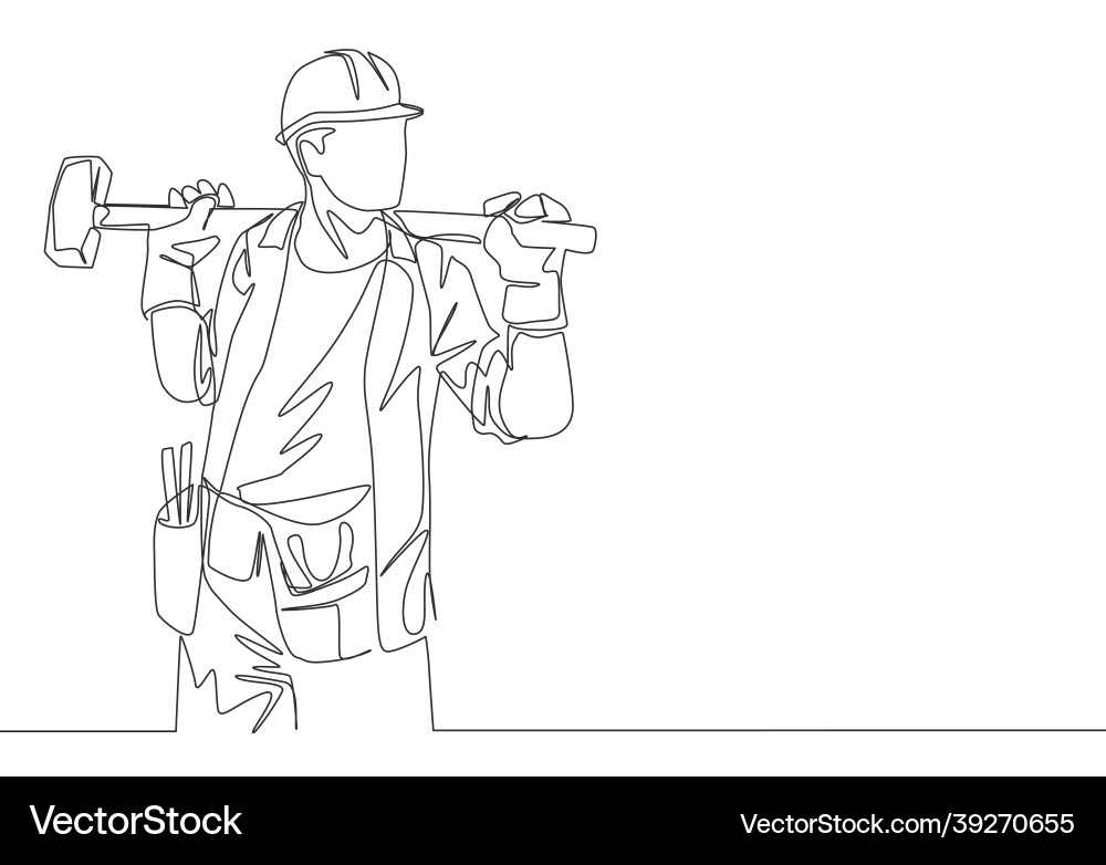 One single line drawing of young construction Vector Image