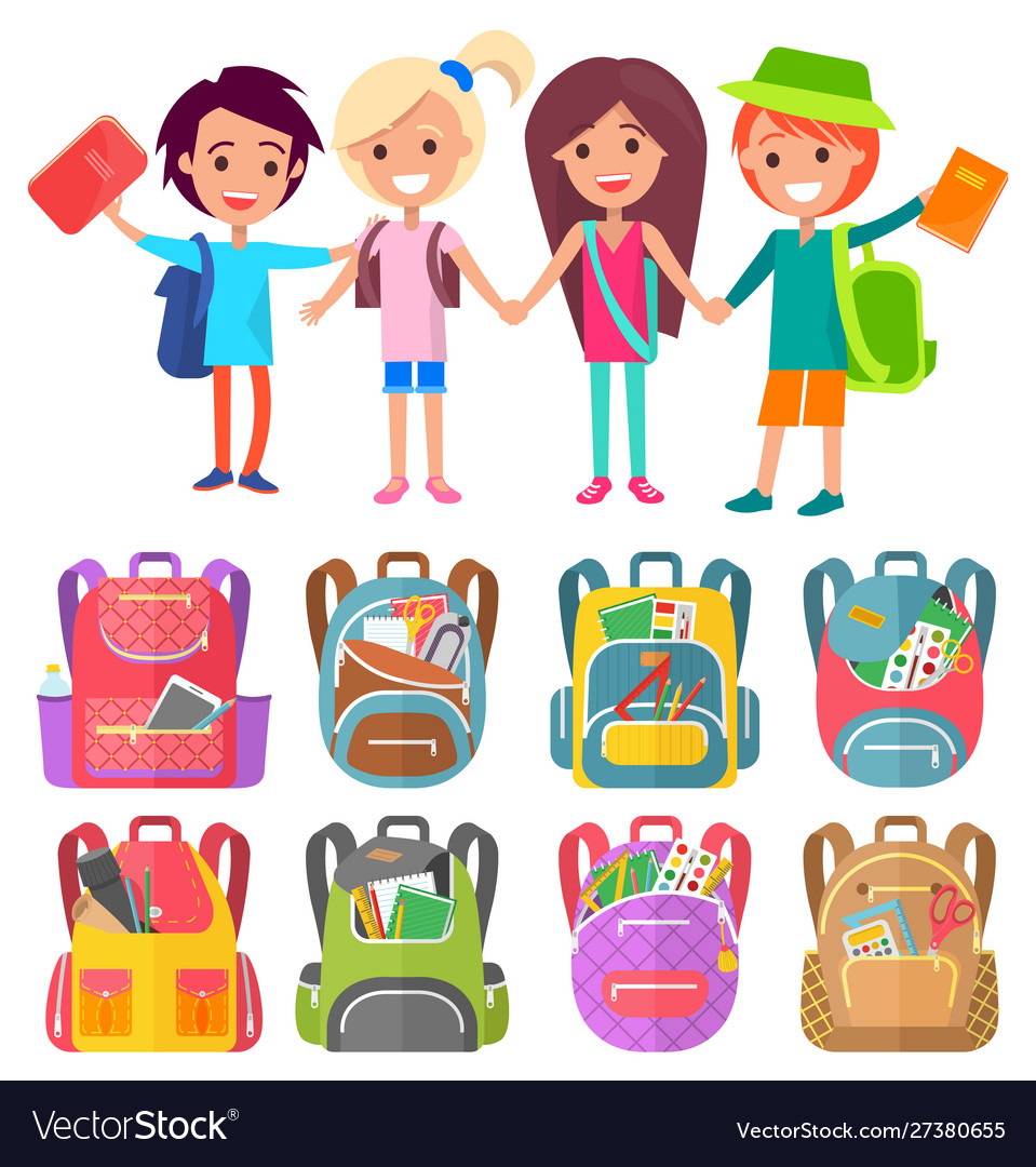Schoolchildren with bags and books stand smile Vector Image