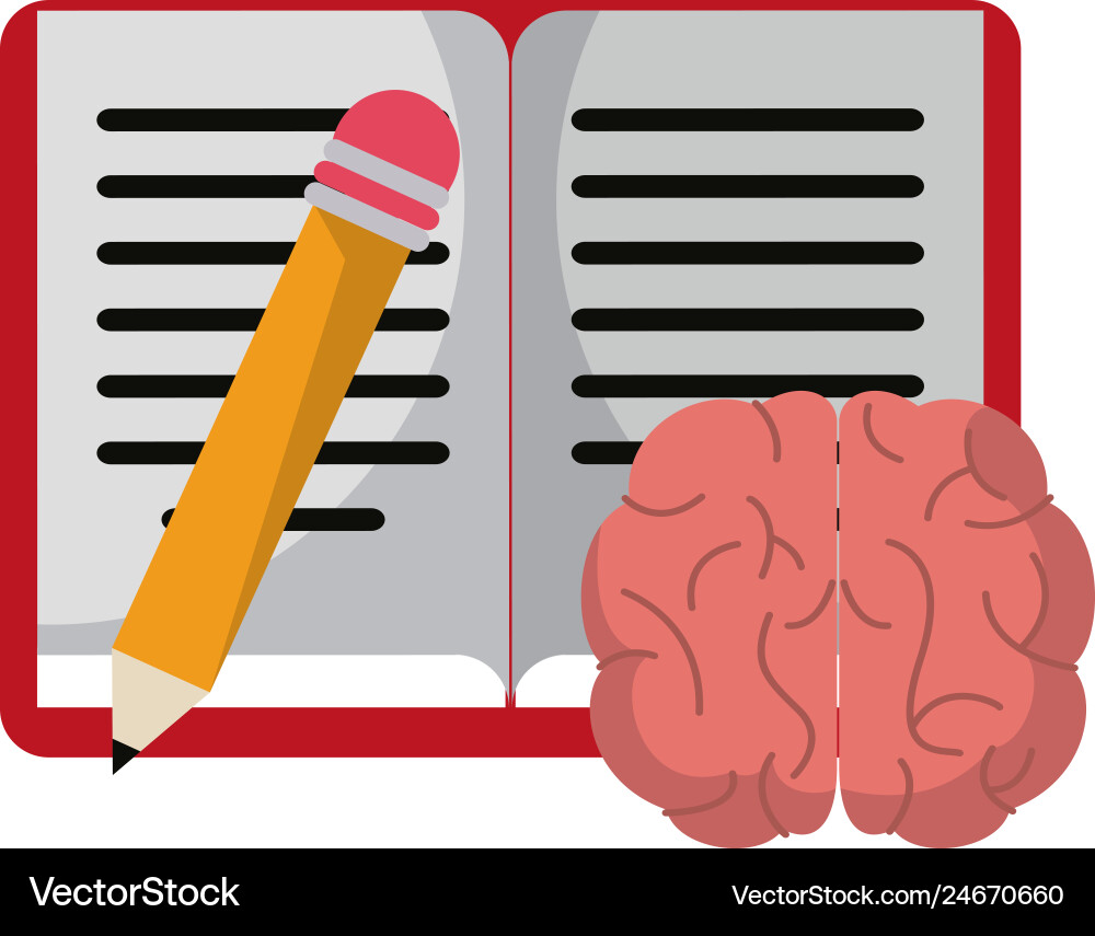Book and pencil with brain cartoon Royalty Free Vector Image