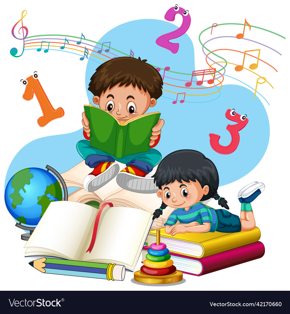 Boy and girl are reading books on a stack of books