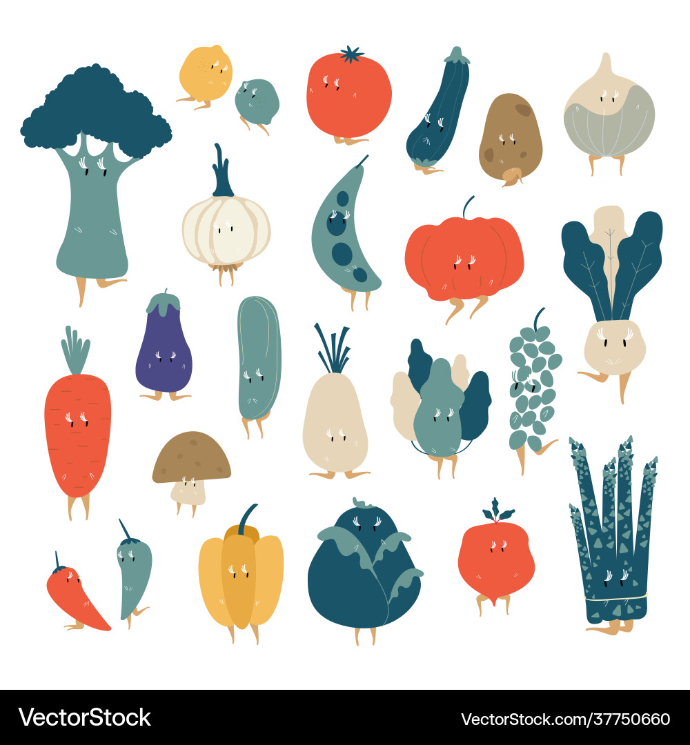 Various organic vegetable cartoon characters set Vector Image