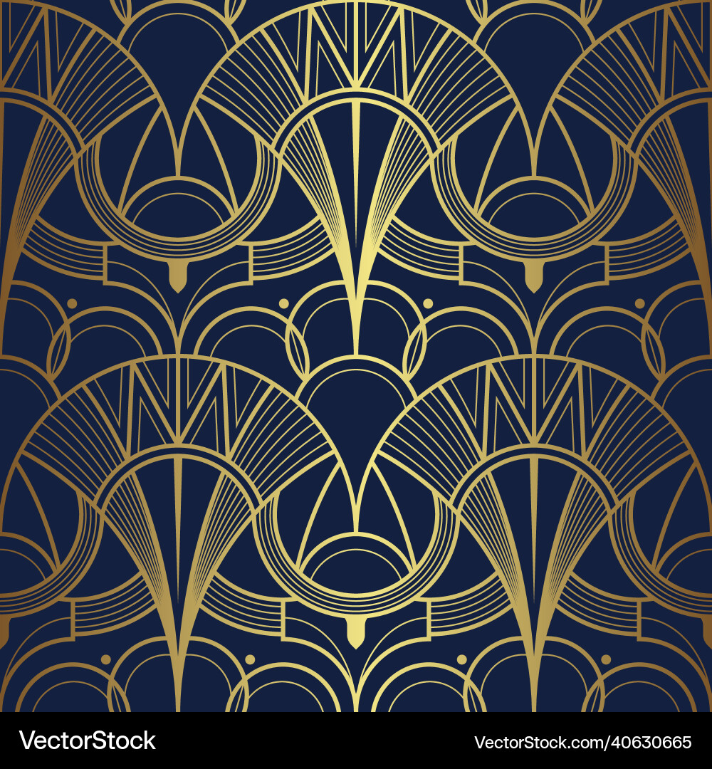 Abstract art deco seamless blue and golden pattern