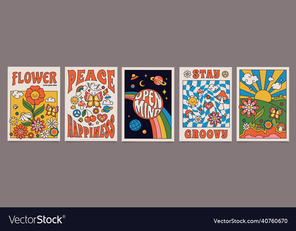 70s groovy posters retro print with hippie Vector Image