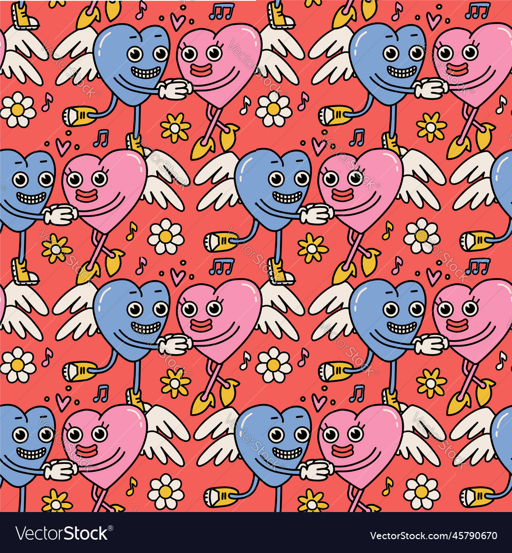 Groovy hippie valentines day seamless pattern Vector Image