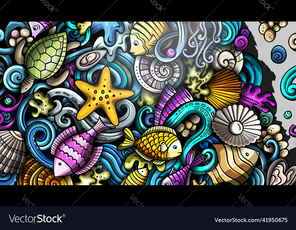 Sea life hand drawn doodle banner Royalty Free Vector Image