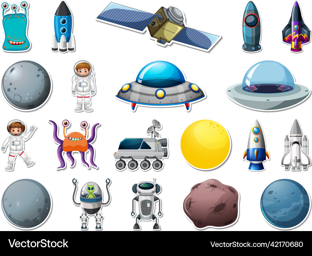 Sticker set of outer space objects and astronauts Vector Image