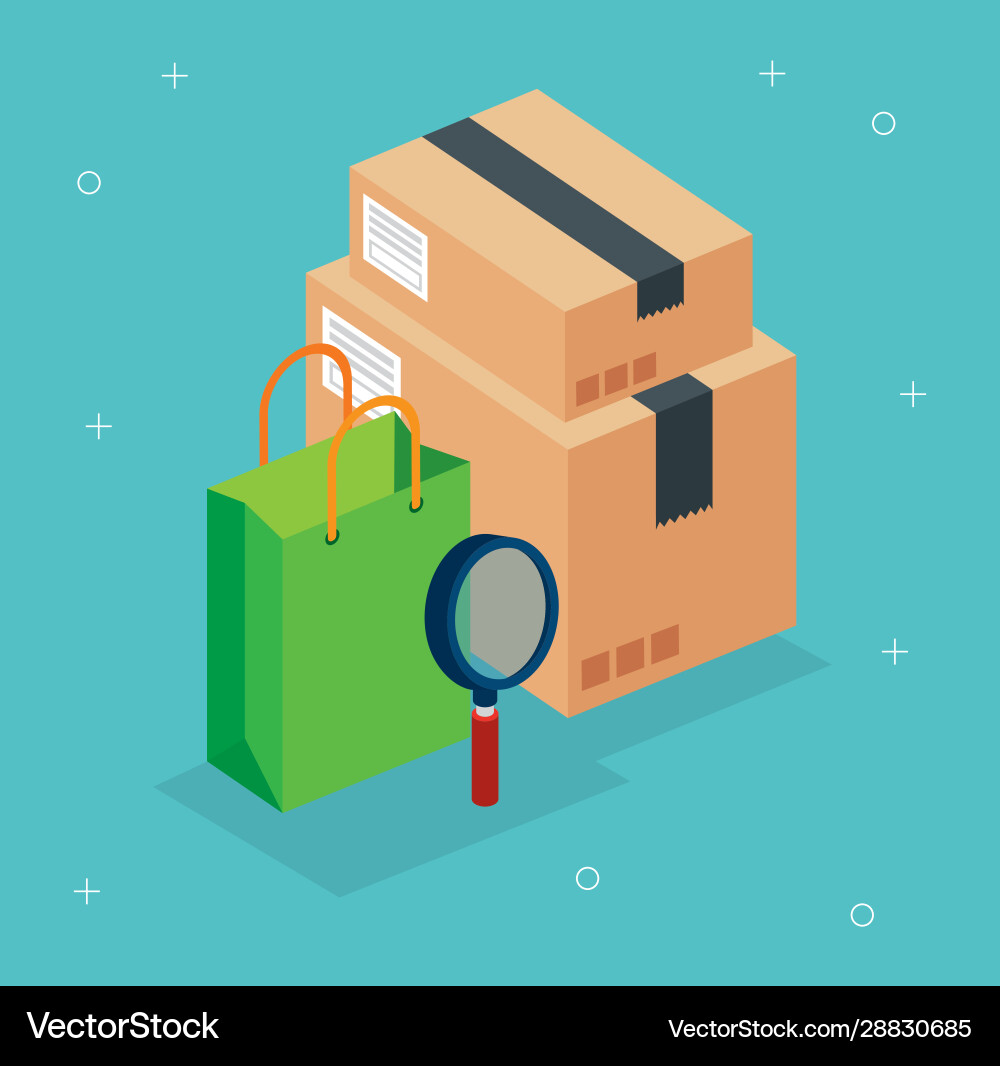 Boxes packages with bag shopping and magnifying Vector Image