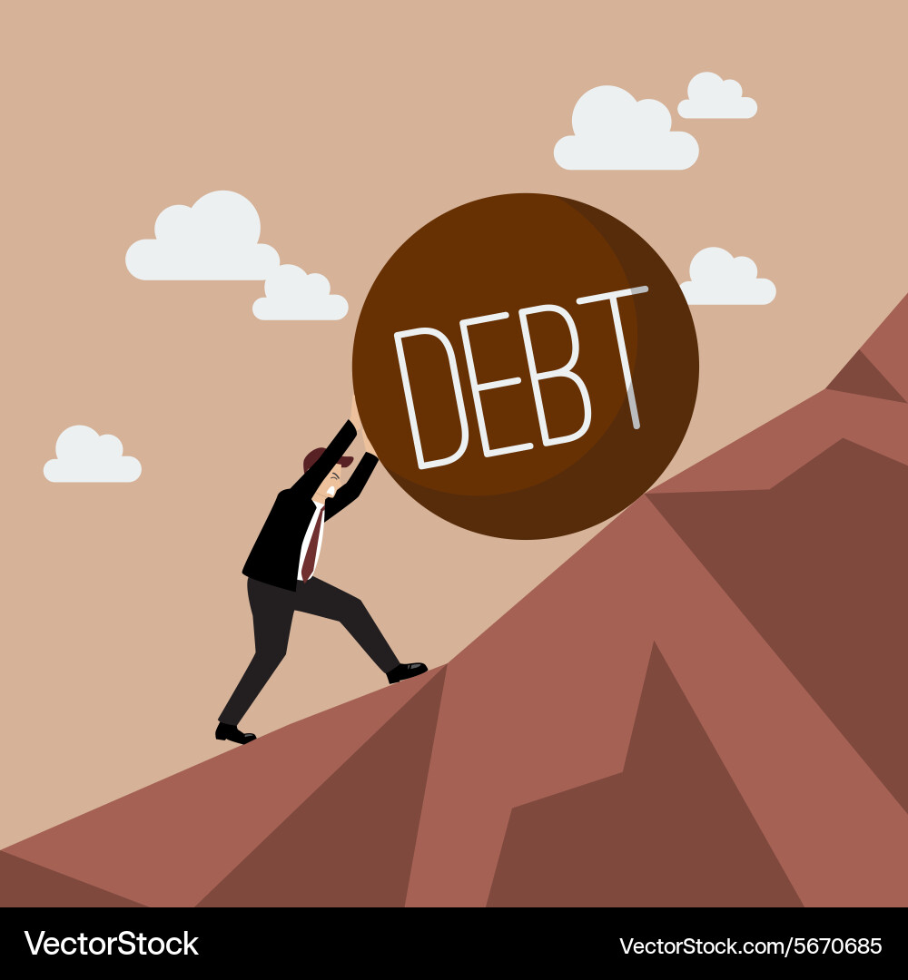 Businessman pushing heavy debt uphill Royalty Free Vector