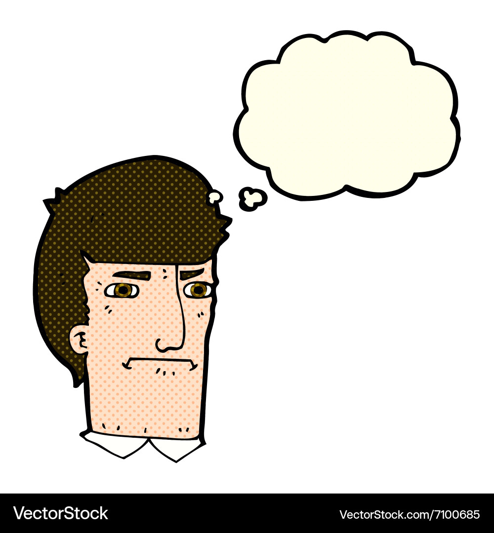 Cartoon man narrowing eyes with thought bubble Vector Image