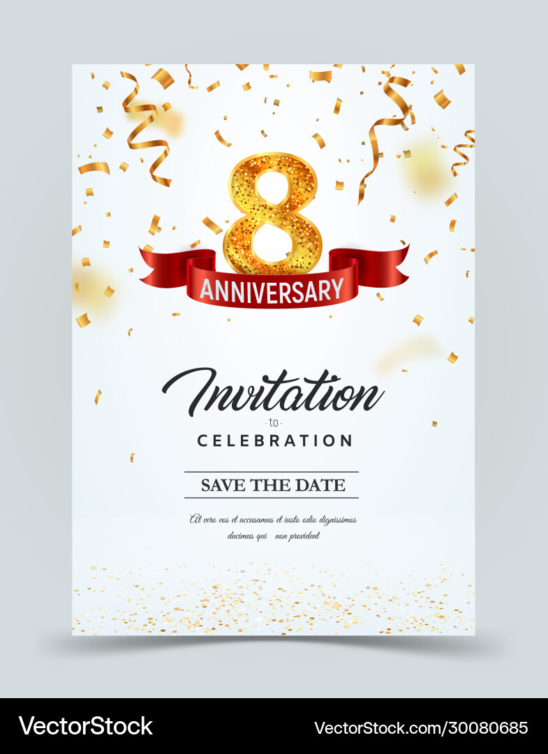 Invitation card template 8 years anniversary Vector Image