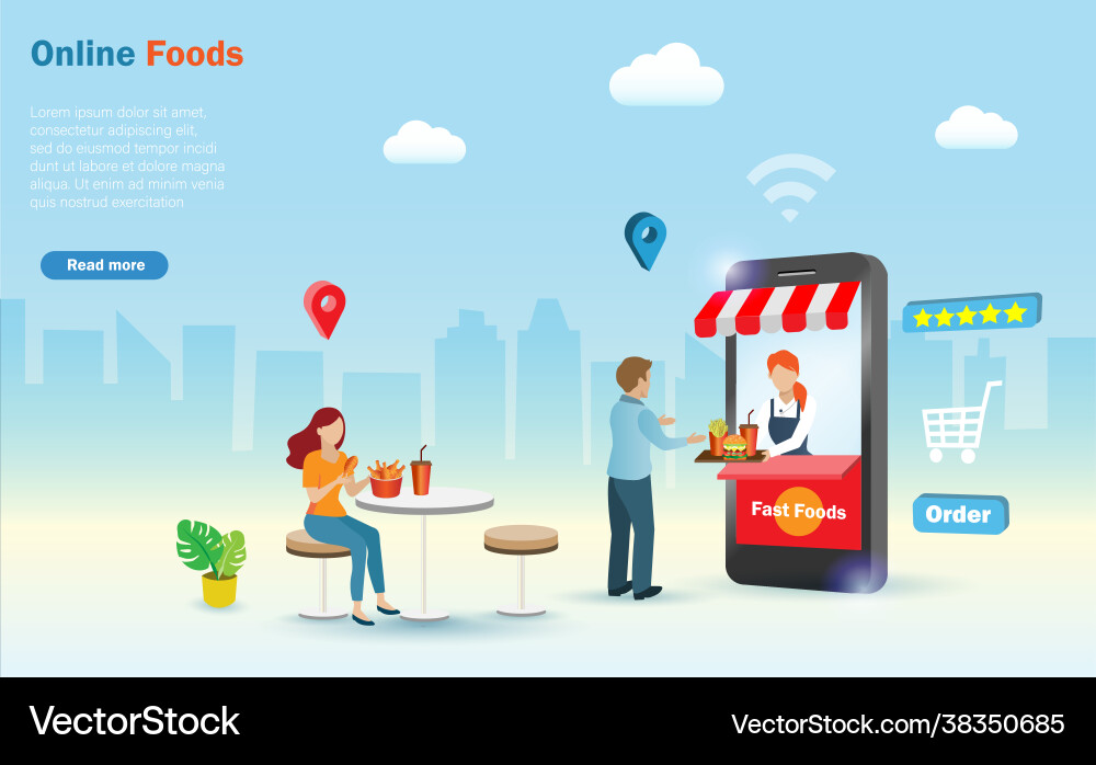 Man online ordering foods from smartphone screen Vector Image
