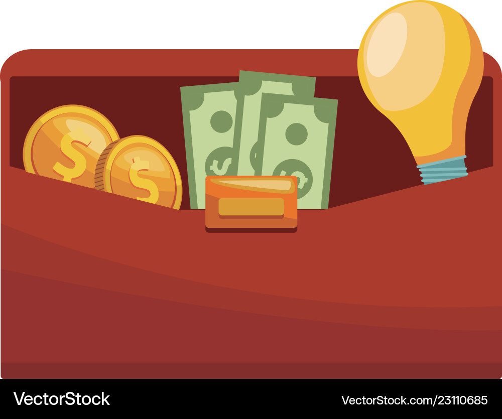 Wallet with cash bulb light and coins Royalty Free Vector