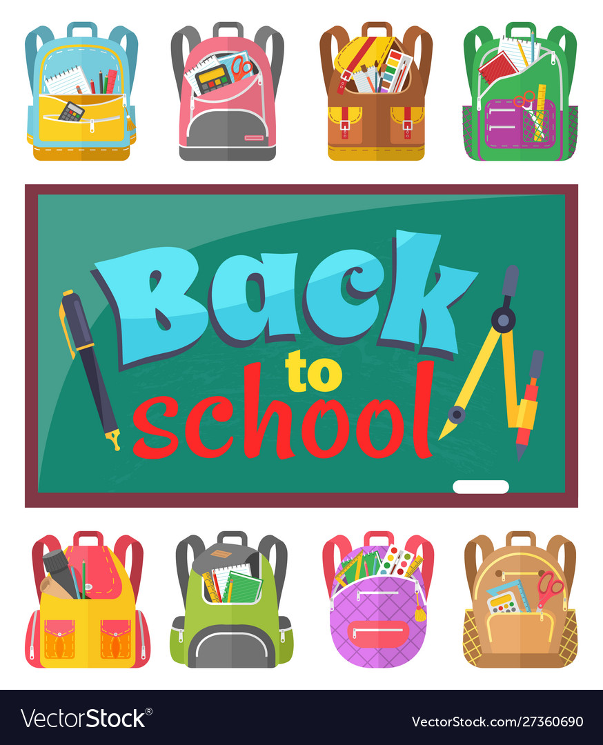 Schoolchalkboard and schoolbags stationery tools Vector Image