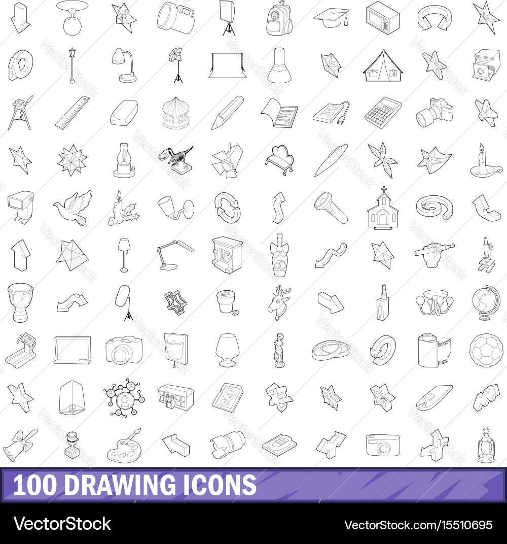 100 drawing icons set outline style Royalty Free Vector