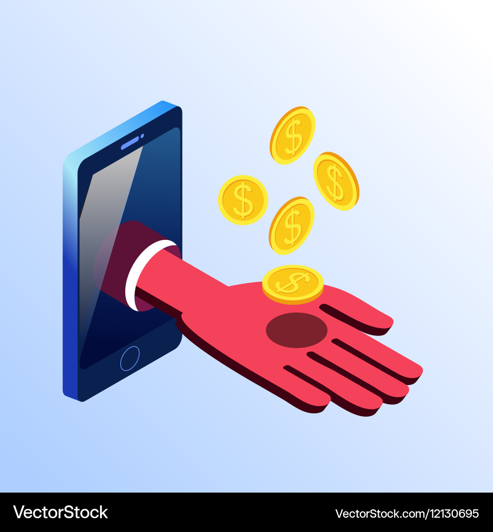 Isometric smartphone showing hand with coins Vector Image