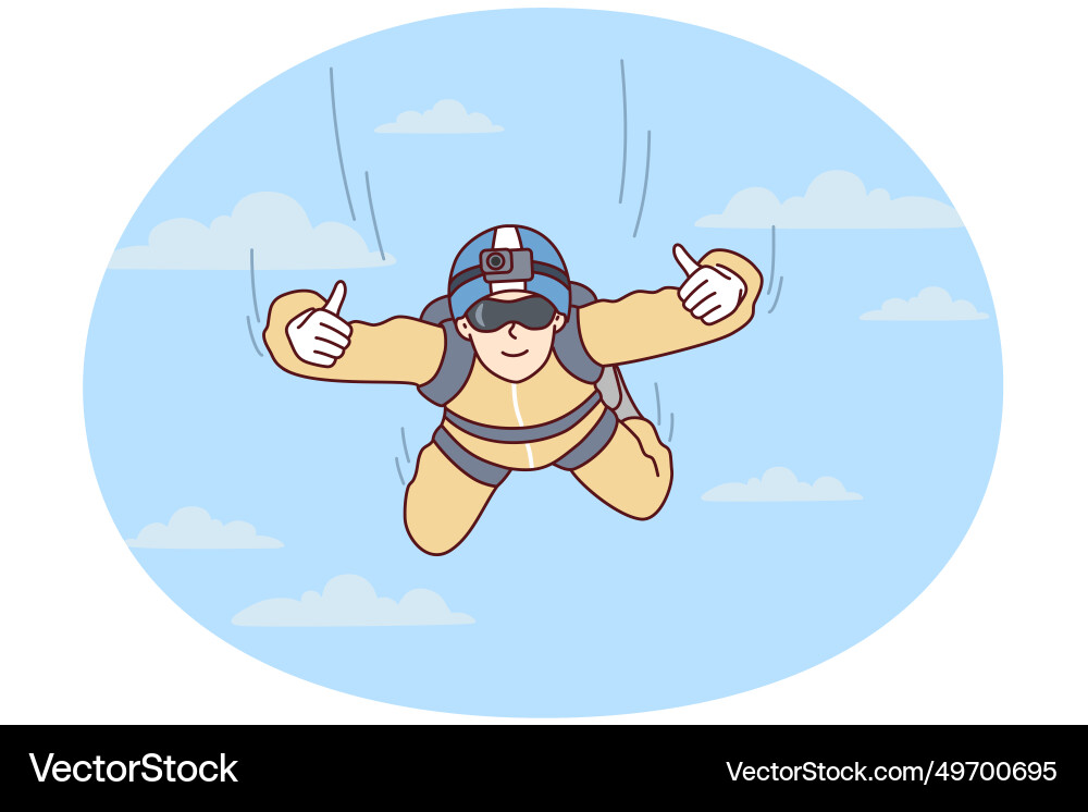 Man skydiver hangs in sky and shows two hands Vector Image