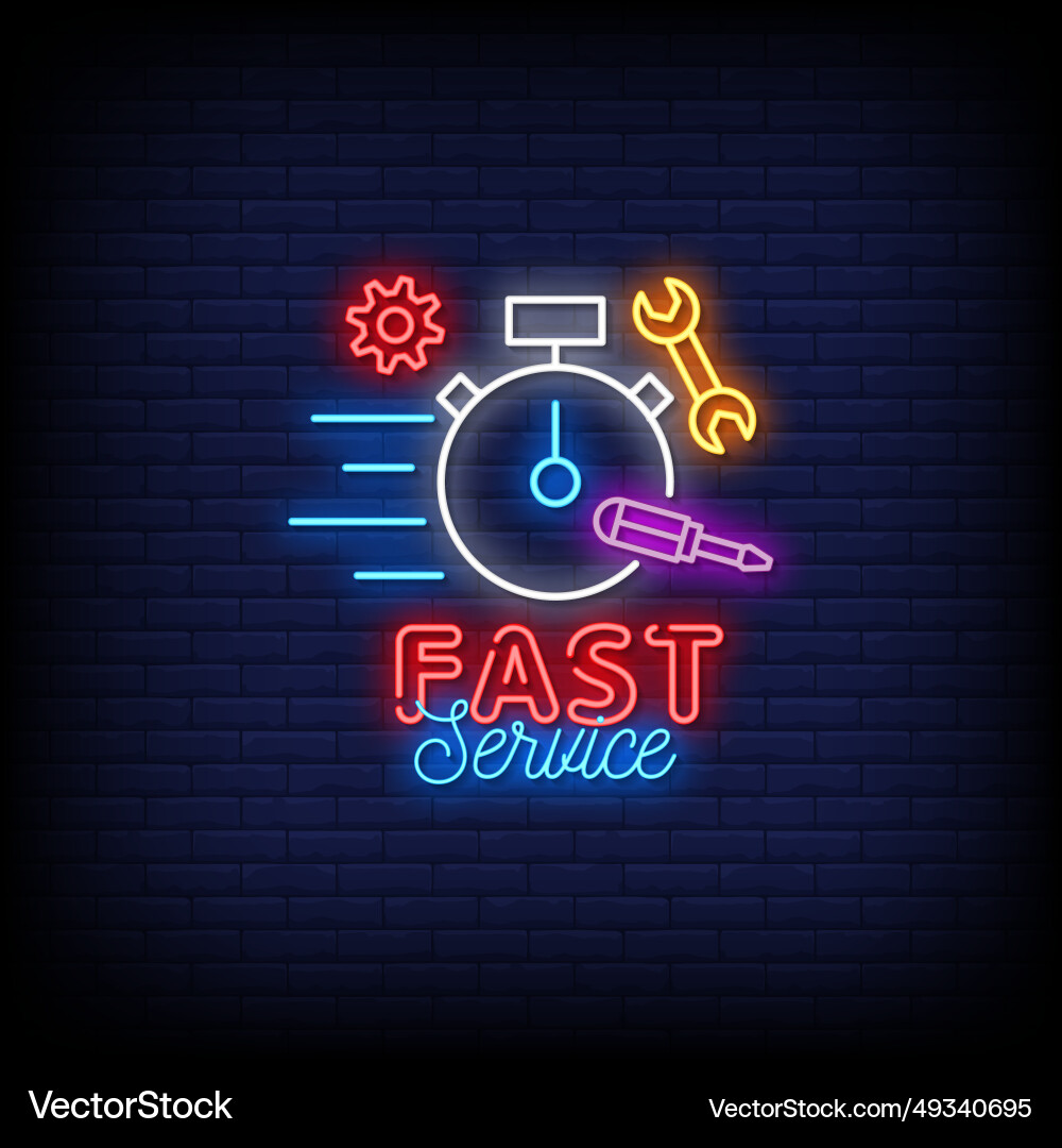 Neon sign fast service with brick wall background Vector Image