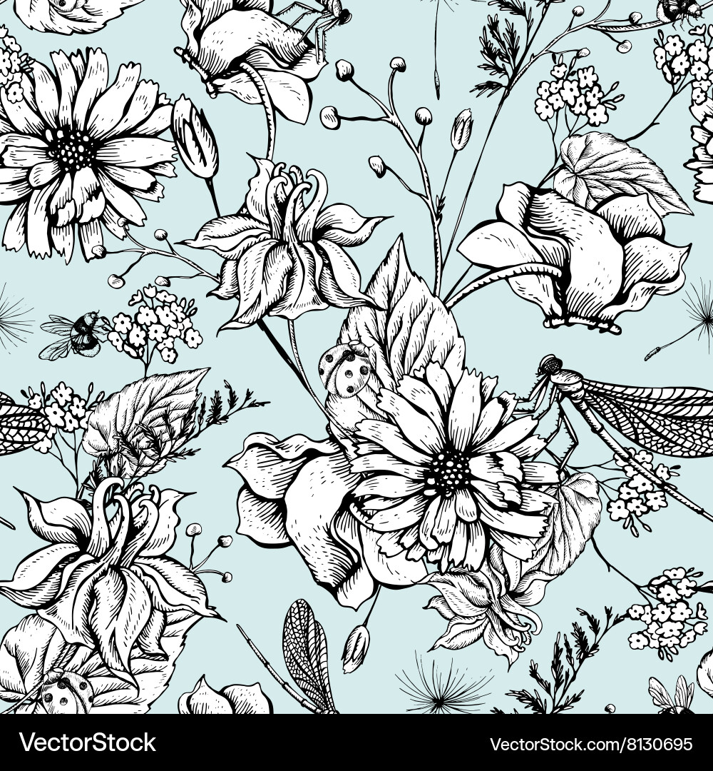Vintage garden flowers seamless pattern Royalty Free Vector