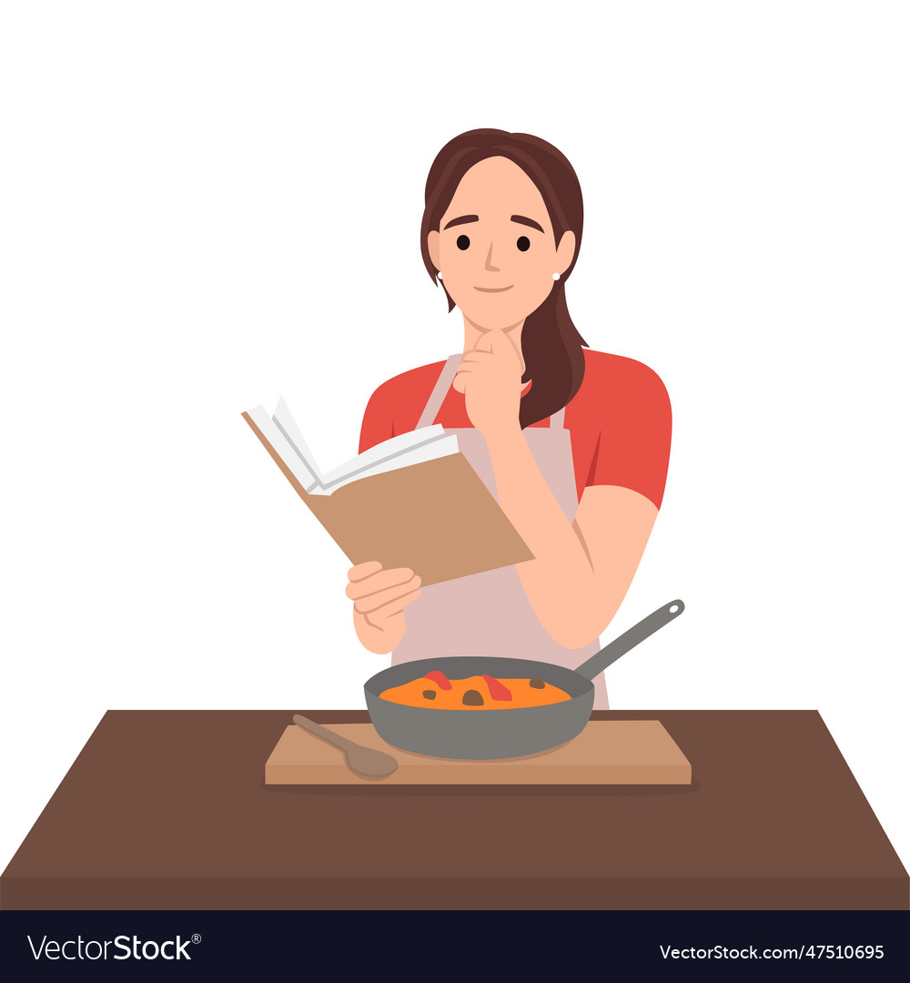 Woman cook reading recipes and cooking soup Vector Image