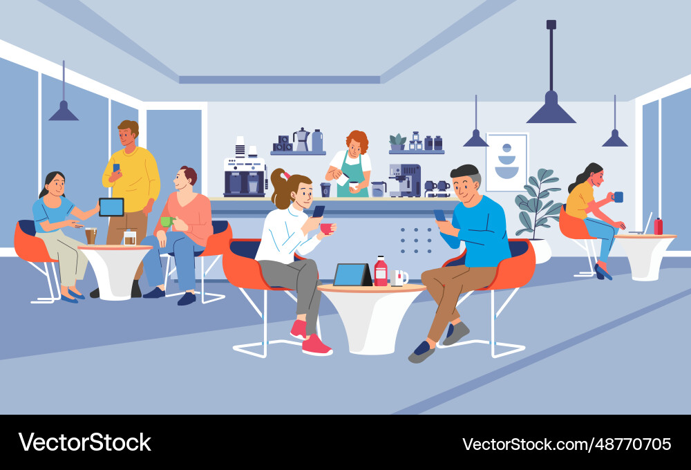 Cafe interior man and woman dinning working Vector Image