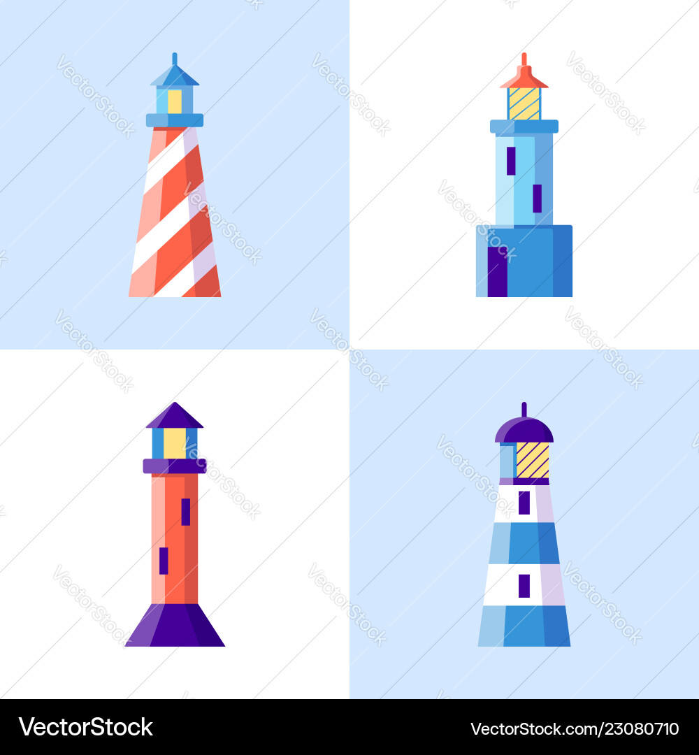 Sea lighthouse icons set in flat style Royalty Free Vector