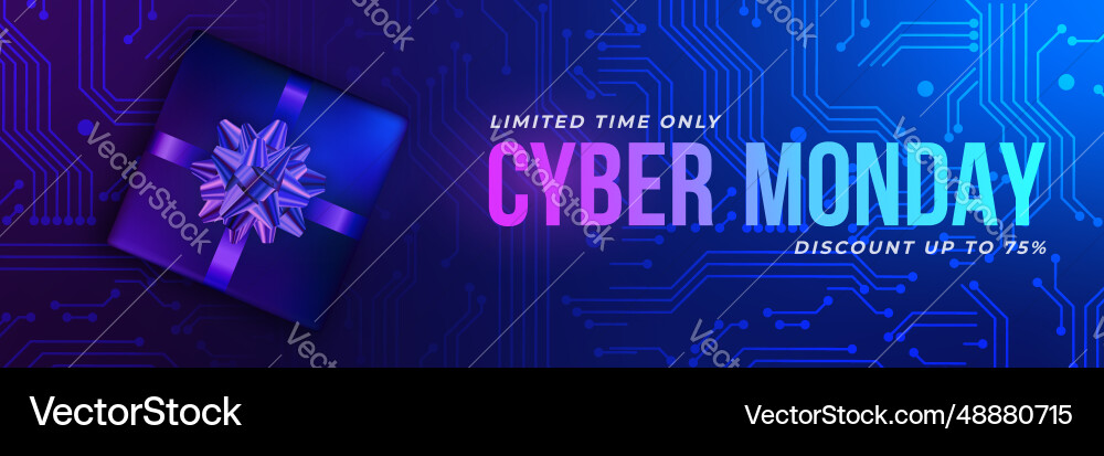Cyber monday banner with realistic gift box Vector Image
