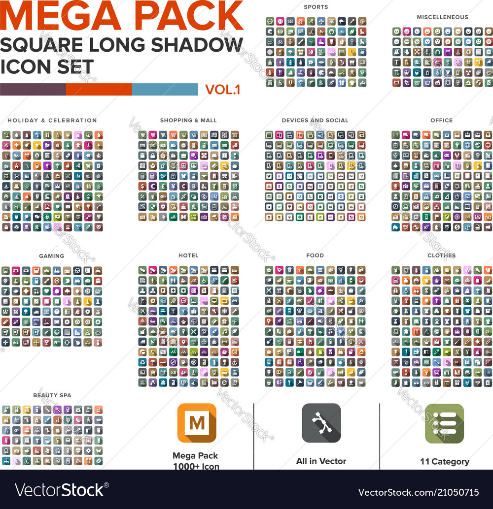 Mega pack square icon set bundle long shadow Vector Image