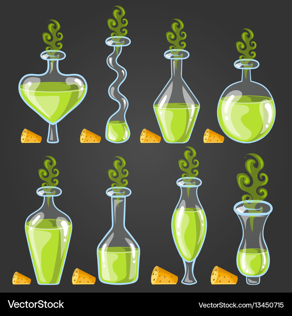 Set bottles of potion with magic smoke Royalty Free Vector