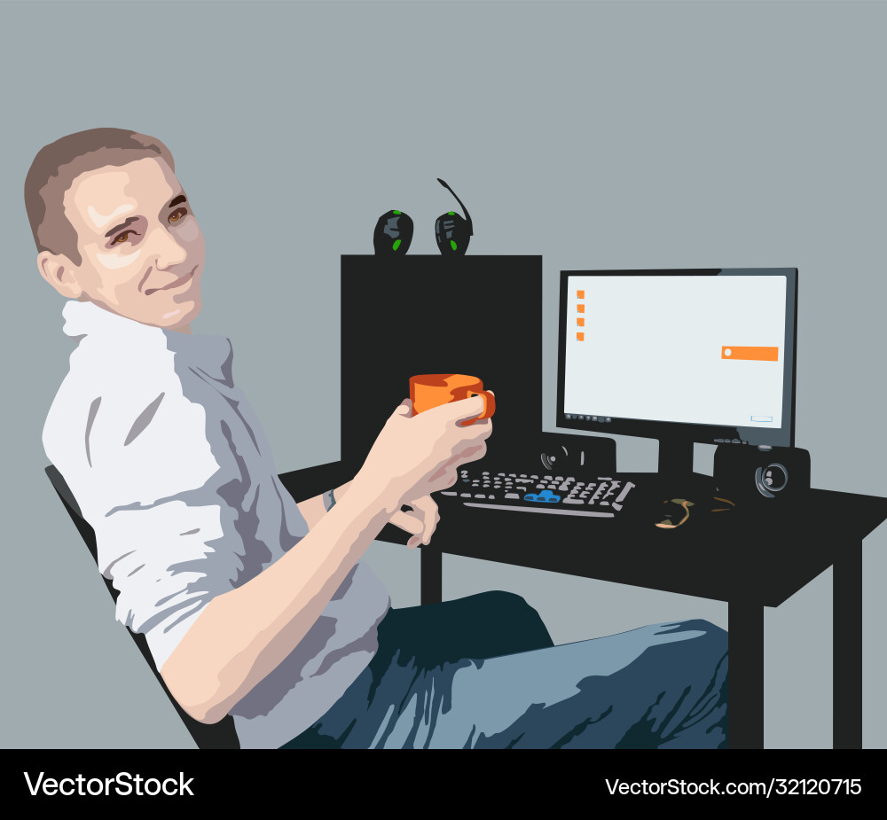 Smiling guy sitting at a desk with computer Vector Image