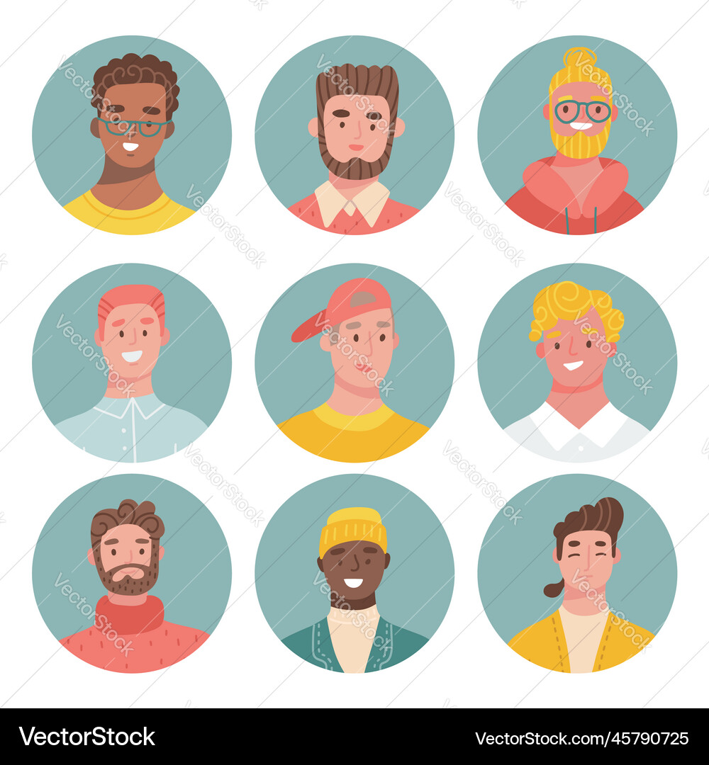 Colorful male faces in circle icons set bundle Vector Image