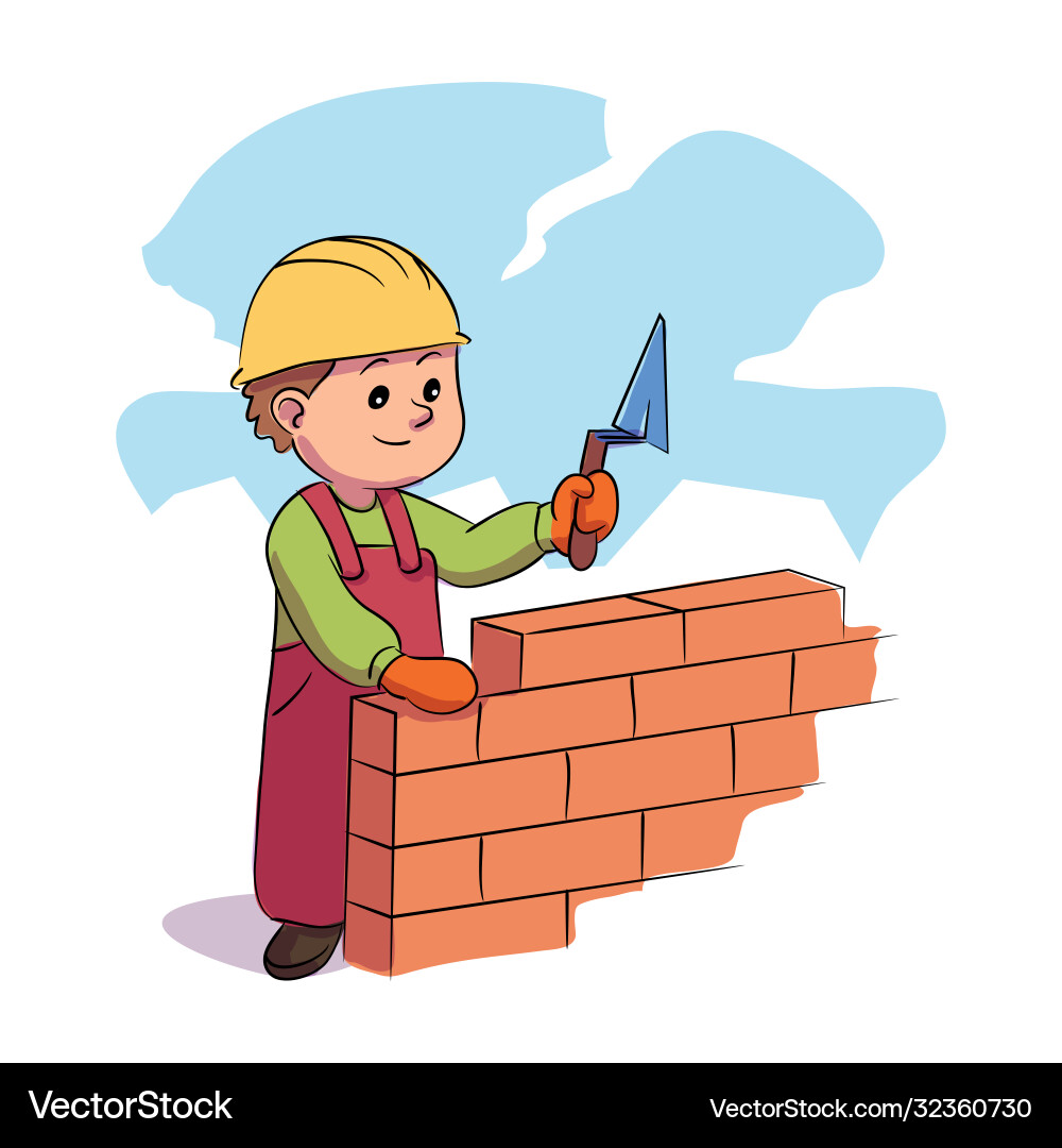Boy kid builder holding level tool doing brickwork