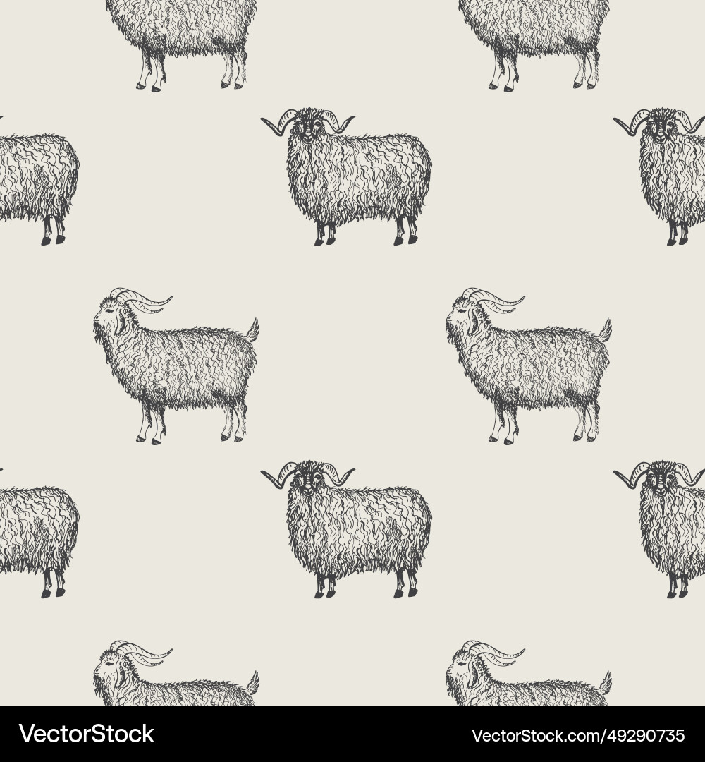 Seamless pattern with domestic animals ram and goa