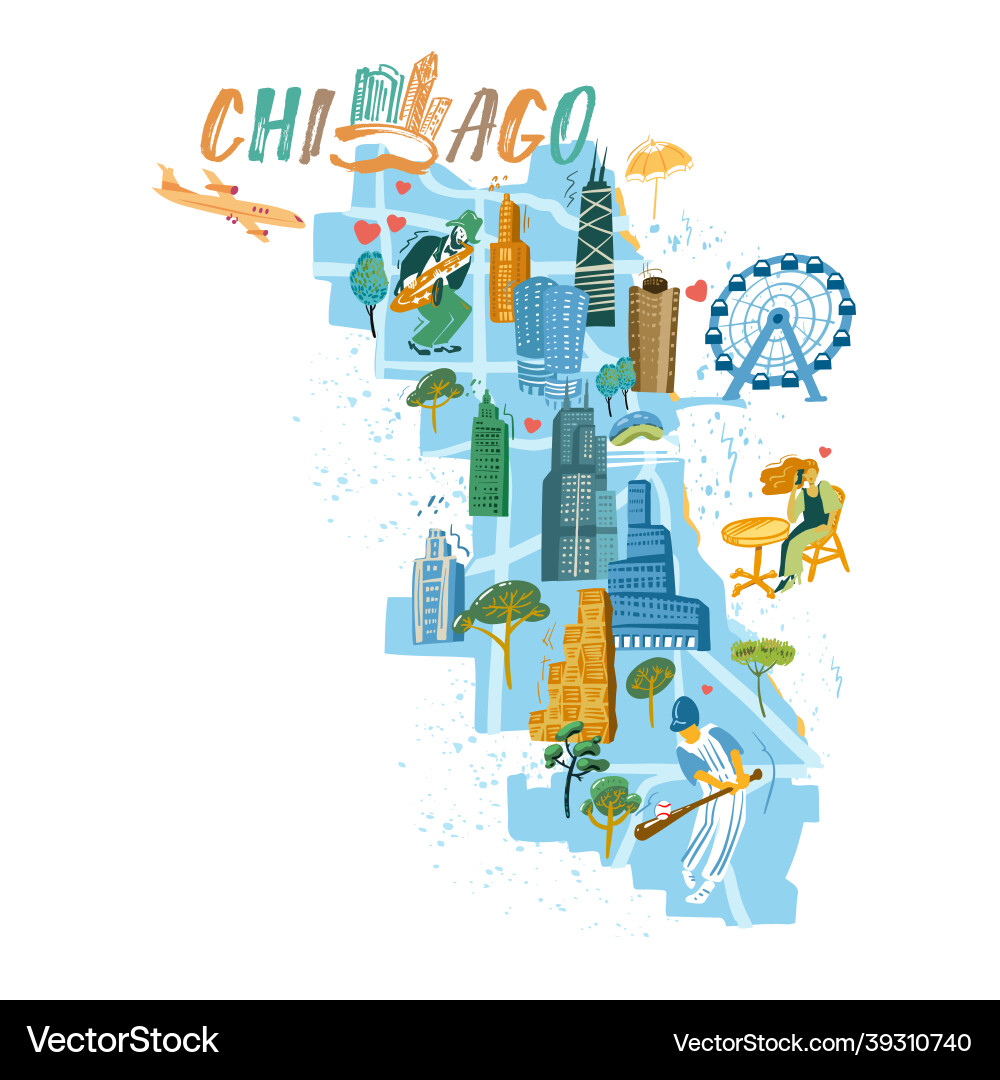 Chicago map with landmarks icons set traditional Vector Image