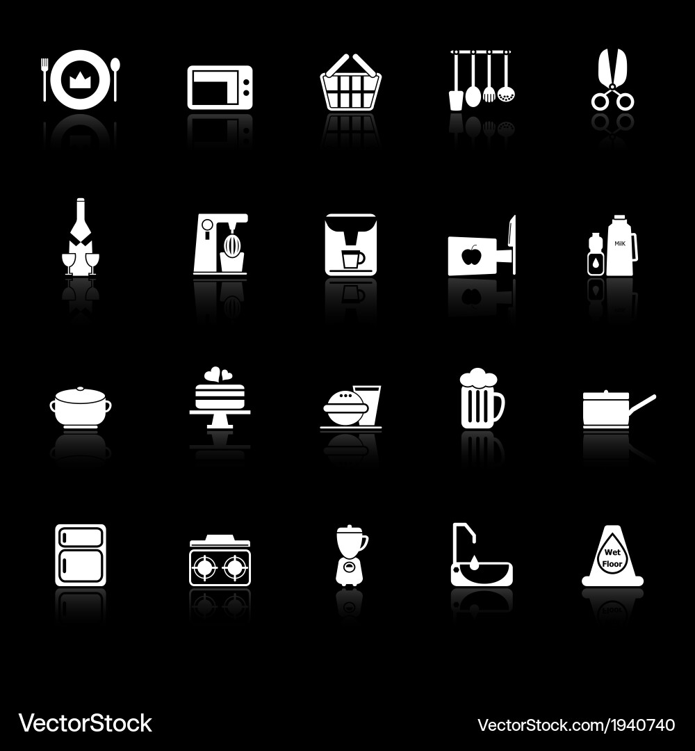 Home kitchen icons with reflect on black Vector Image